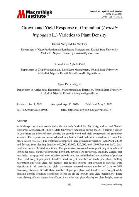 (PDF) Growth and Yield Response of Groundnut (Arachis hypogaea L.) Varieties to Plant Density