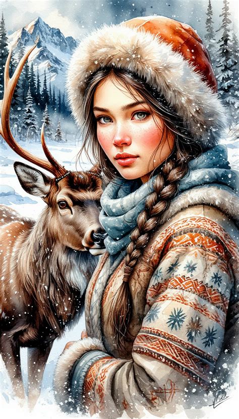 Beautiful Eskimo Girl With Deer In The Background Snow Dry Watercolor