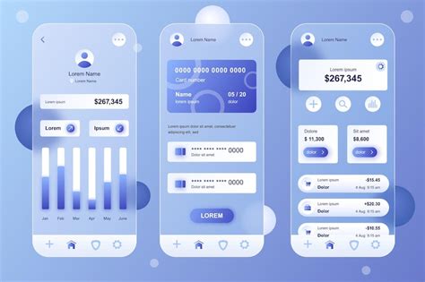 모바일 앱 Ui Ux Gui 화면 세트 용 온라인 뱅킹 글래스 모픽 디자인 뉴 모픽 요소 키트 프리미엄 벡터
