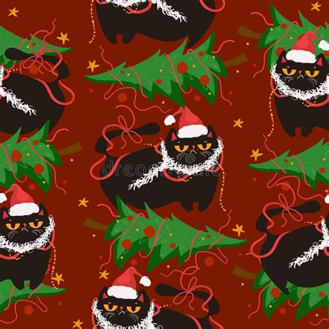 Funny Christmas Cat Seamless Pattern Grumpy Black Cat Knocked Over A Christmas Tree With