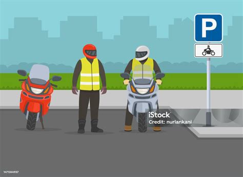 두 명의 남성 모토 라이더가 야외 주차장에서 서로 이야기하고 있습니다 오토바이 전용 주차 표지판 거리에 대한 스톡 벡터 아트 및 기타 이미지 Istock