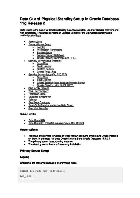 Data Guard Physical Standby Setup In Oracle Database 11g Release 2 Pdfcoffeecom