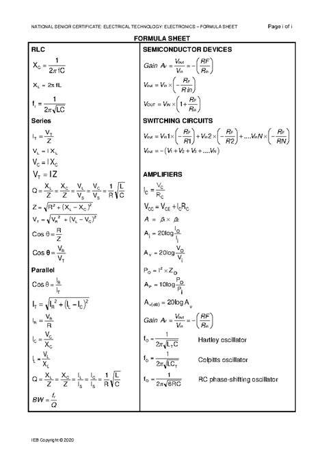 Electrical Technology Electronics Formula Sheet 2020 National Senior Certificate Electrical