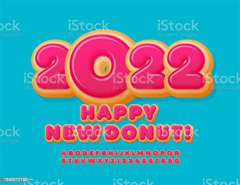 벡터 재미 인사말 카드 해피 뉴 도넛 2022 핑크 케이크 알파벳 문자 및 숫자 세트 겨울에 대한 스톡 벡터 아트 및 기타