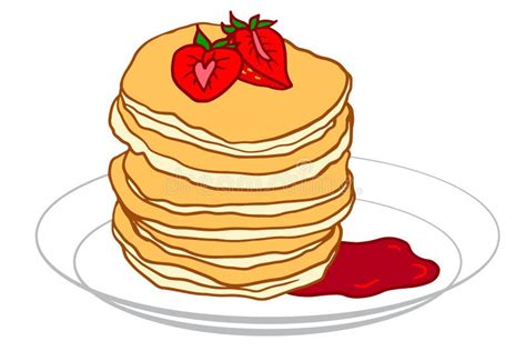 Tall Stack Of Buttery Pancakes Topped With Strawberries Syrup Golden