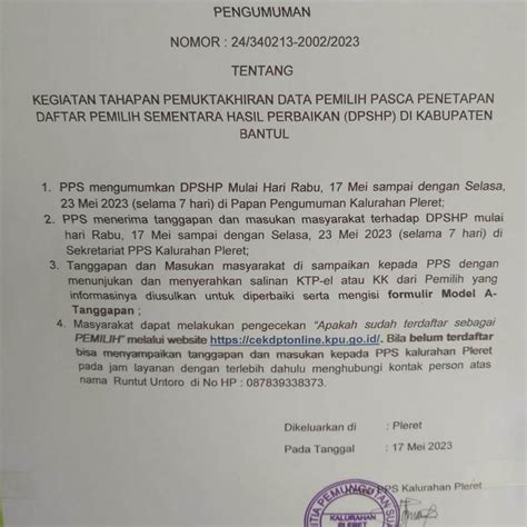 PPS Kalurahan Pleret Umumkan Daftar Pemilih Sementara Hasil Perbaikan