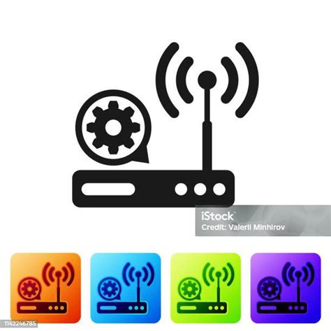 黑色路由器和 Wifi 信號和齒輪圖示在白色背景調整應用程式 服務概念 設置選項 維護 維修 修復在顏色正方形按鈕中設置圖示向量插圖向量圖形及