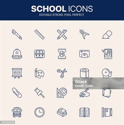 학교 아이콘 세트 학교 개체 및 요소 기호입니다 교육 클립 아트 및 학교 공급 아이콘 편집 가능한 스트로크와 픽셀 퍼펙트 Educational Institutions And