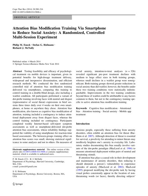 Pdf Attention Bias Modification Training Via Smartphone To Reduce Social Anxiety A Randomized