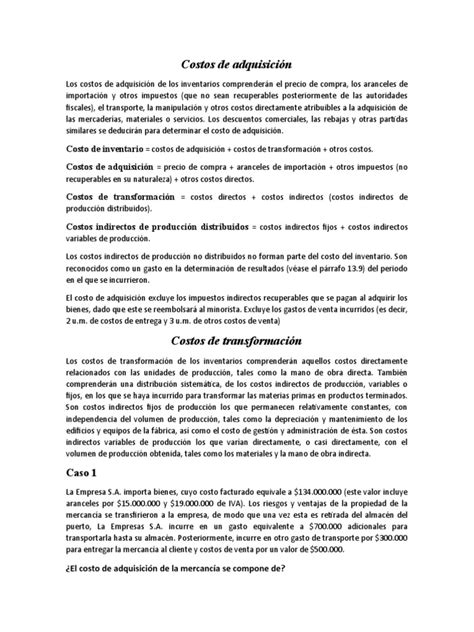 Costos De Adquisicion Y Transformacion Pdf Costo Gestión De La