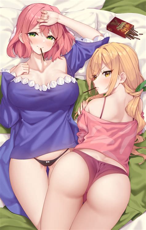 Rule 34 100 Kanojo 2girls Absurdres Arm Up Ass Bare Shoulders Bed Sheet Black Panties Blonde