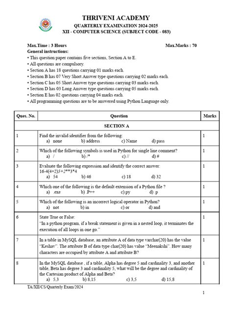 Xii Cs Quarterly Final Qp Pdf Control Flow Python Programming