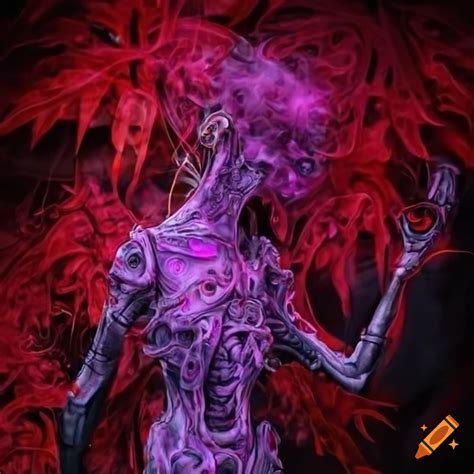 Cryptic Cyborg Artwork With Purple Cannabis Flowers And Red Smoke