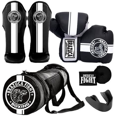 Kit Luva Muay Thai New Caneleira Bolsa Bandagem Bucal Brazuca
