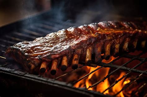 Grilled Beef Steak On A Barbecue Grill With Flames And Smoke Stock