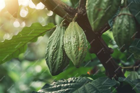 Green Cocoa Pods Grow On Trees The Cocoa Tree Cacao With Fruits Raw