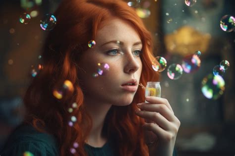 Premium Ai Image Redhead Girl Blowing Bubbles Created With Generative