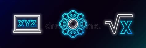Set Line Square Root Of X Glyph Xyz Coordinate System And Atom Icon Glowing Neon Vector Stock