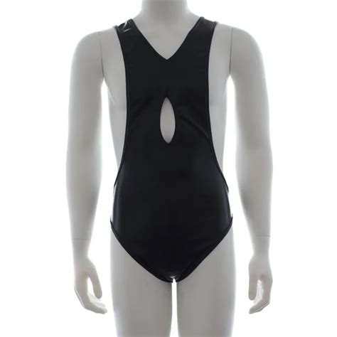 Fantasia Male Sexy Black Faux Leather Bodysuit Hollow Out Wrestling