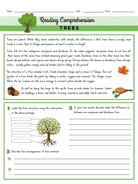 Green Trees Reading Comprehension Worksheet Pdf