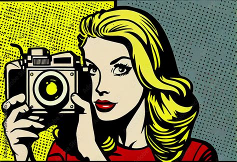 Portrait Von Sexy Pin Up Girl Mit Einer Kamera In Der Hand Im Bunten Pop Art Retro Comic Stil