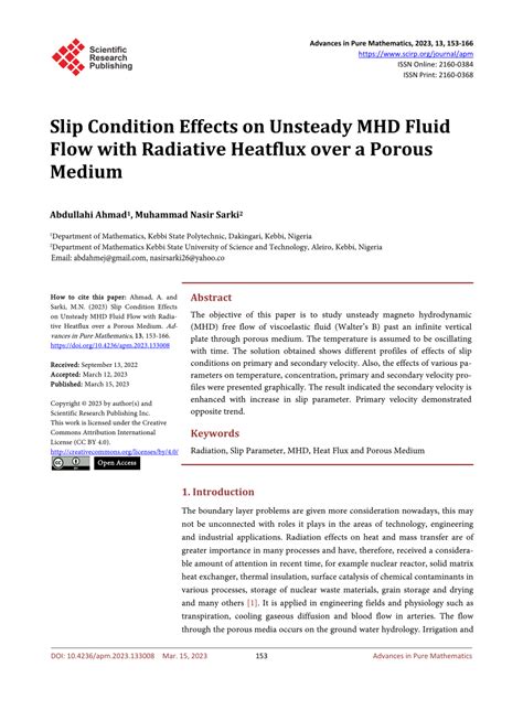 Pdf Slip Condition Effects On Unsteady Mhd Fluid Flow With Radiative Heatflux Over A Porous Medium