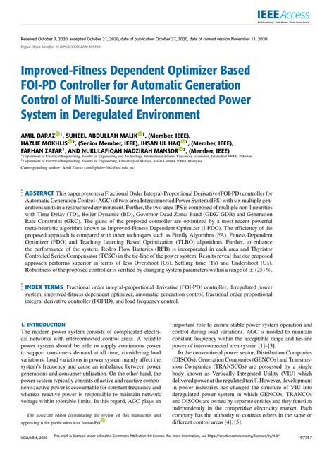 Pdf Improved Fitness Dependent Optimizer Based Foi Pd Controller For Automatic Generation