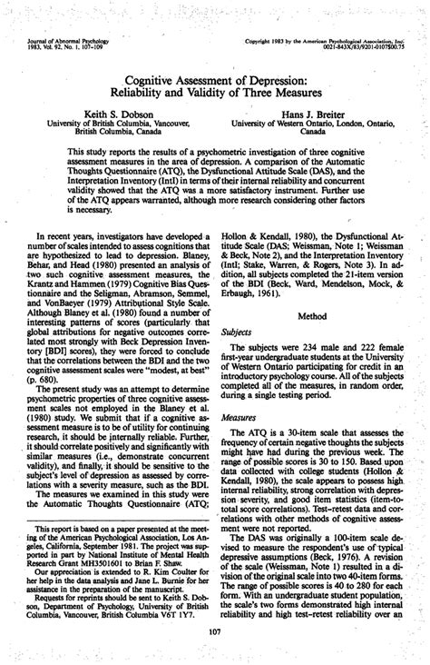 Pdf Cognitive Assessment Of Depression Reliability And Validity Of Three Measures