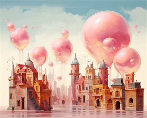 Cityscape With Buildings Balancing On Giant Bubblegum Bubbles Surreal