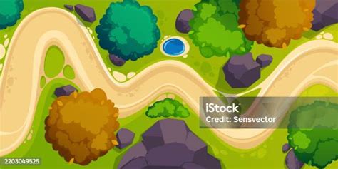 도로 평면도 곡선 흙길 푸른 잔디와 나무 덤불 바위가 있는 벡터 산악 트레일 만화 풍경 농촌 지역 숲 및 미개발 지역 현지 교통