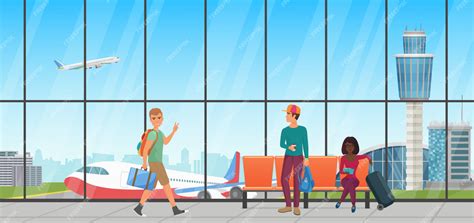 공항 대기실 의자와 사람이있는 출발 라운지 비행기 볼 수있는 터미널 홀 프리미엄 벡터