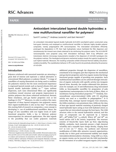 Pdf Antioxidant Intercalated Layered Double Hydroxides A New Multifunctional Nanofiller For