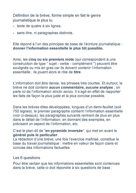 La brève journalistique Définition de la brève forme simple en fait