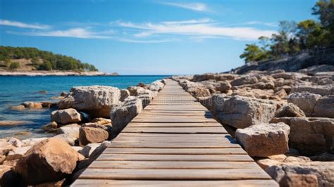 A Wooden Walkway With Rocks And Blue Sky Generative Ai Stock Illustration Illustration Of