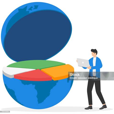 지구의 절반에 있는 원형 차트와 비즈니스 복장을 한 사람들은 터치 스테이션 글로벌 데이터 또는 통계 처리를 통해 데이터를 관리합니다 3차원 형태에 대한 스톡 벡터 아트 및