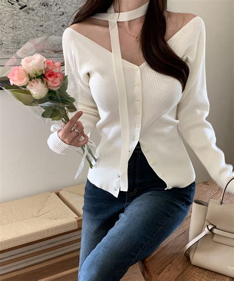 러브썸원 타이세트 체르든 골지 브이넥 슬림 타이 머플러 니트 가디건