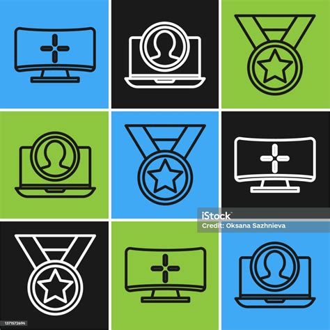 세트 컴퓨터 모니터 메달 및 계정 화면 아이콘 만들기를 설정합니다 벡터 1에 대한 스톡 벡터 아트 및 기타 이미지 1 3위 경쟁 Istock