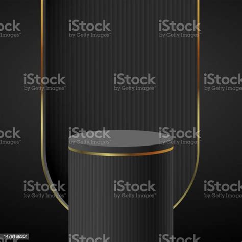 현실적인 검은 황금 3d 실린더 받침대 연단과 창 아치 모양 벡터 디스플레이에 검은색 골판지 3차원 형태에 대한 스톡 벡터 아트