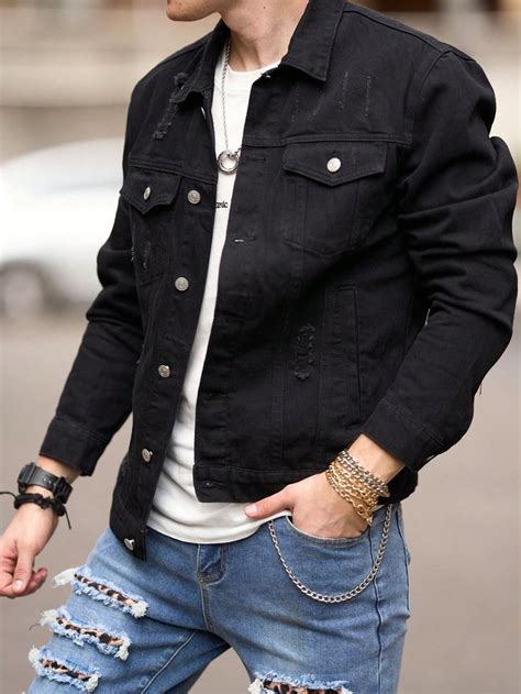 Manfinity LEGND Homens Rasgado Bolso Aba Jaqueta Denim En 2024