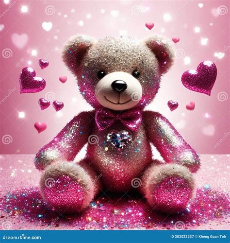 Teddy Bear With Pink Heart Sparkling Glitter Effect Stock Illustration