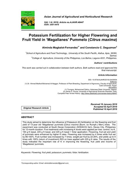 Pdf Potassium Fertilization For Higher Flowering And Fruit Yield In