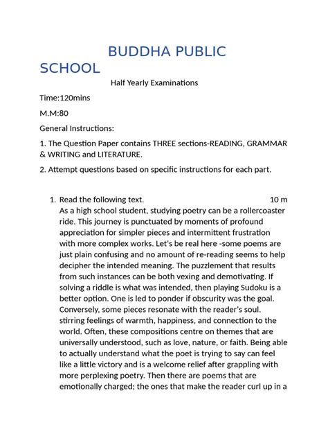 Buddha Public School Classx Pdf