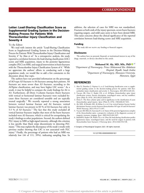 Pdf Letter To Editor Neurosurgery Regarding Load Sharing