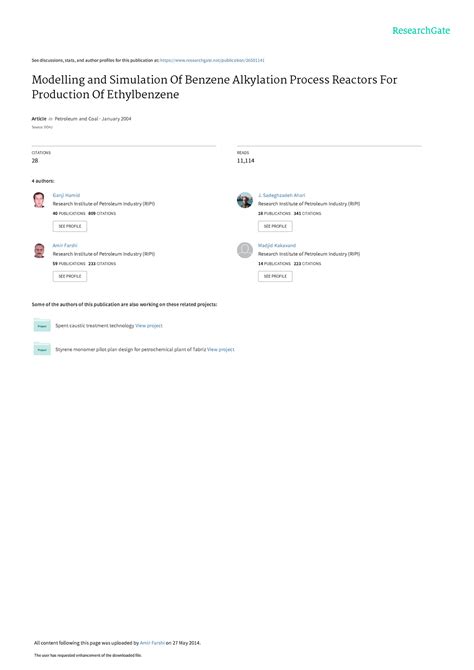 Modelling And Simulation Of Benzene Alkylation Pro See Discussions Stats And Author Profiles