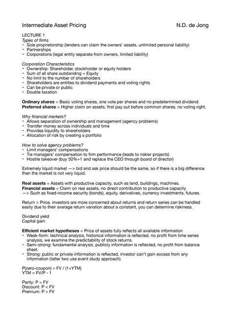 Intermediate Asset Pricing Samenvatting Powerpoint Intermediate Asset Pricing N De Jong