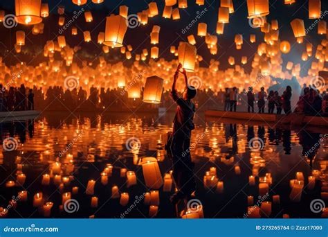 A Sea Of Glowing Lanterns A Stunning Reflection Over Water Generative