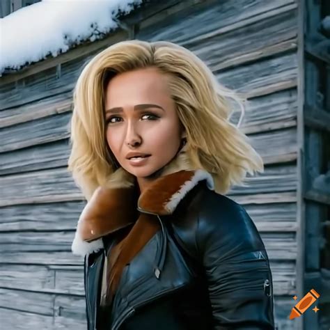 Blonde Actress In Sheepskin Bomber Jacket And Leather Trousers Standing