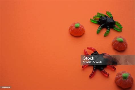 밝은 오렌지 배경에 녹색과 빨간색 다리와 호박 거대한 검은 거미의 형태로 달콤한 젤리 사탕 공간을 복사합니다 달콤한 헬로웬 트릭