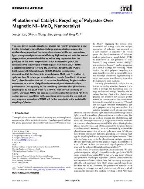Photothermal Catalytic Recycling Of Polyester Over Magnetic Ni−mnox Nanocatalyst
