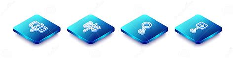 Set Isometric Line Fire Exit Traffic Light Road Traffic Sign And Turn